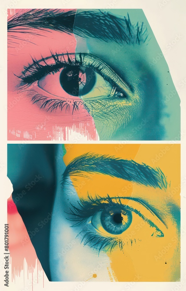 eye contact, overlapping colour prints, trendy layout Stock ...