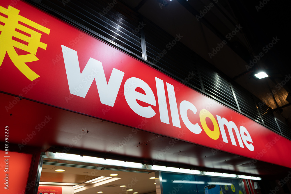 HONG KONG, CHINA - DECEMBER 06, 2023: close up shot of Wellcome sign as ...