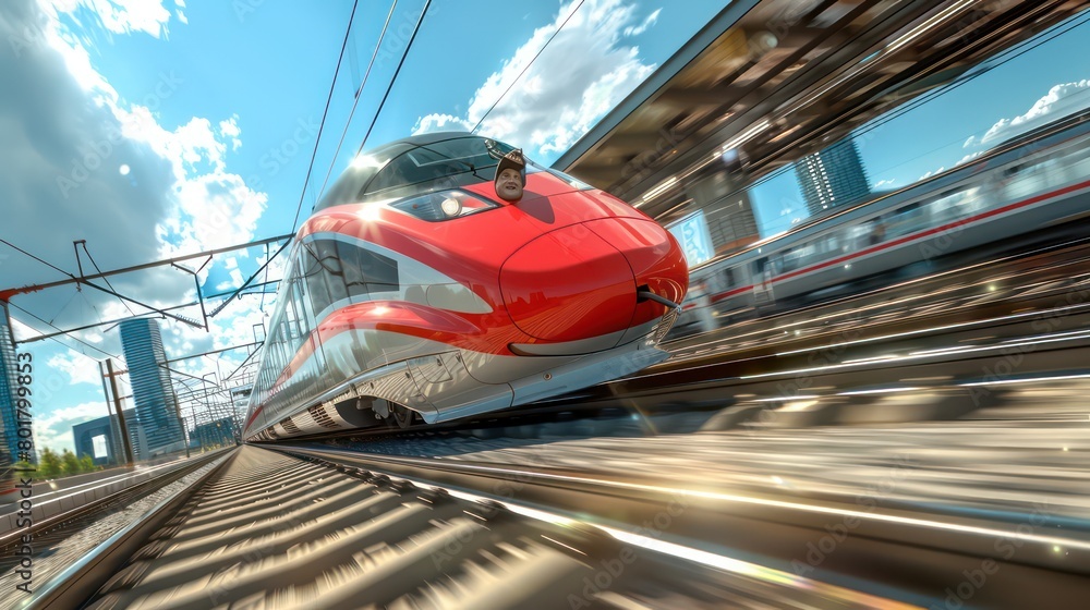 high speed train with the city as background, blue sky and white clouds ...