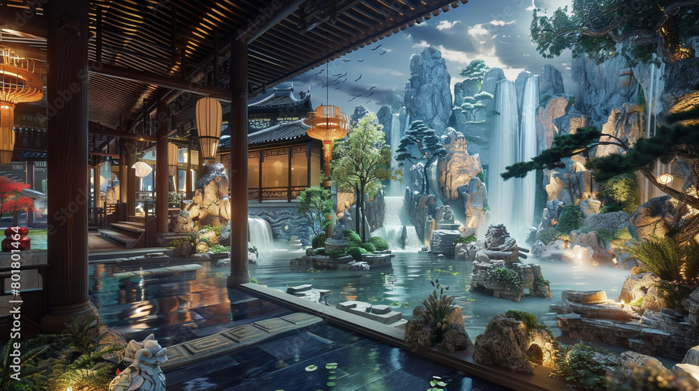 ancient Chinese setting. The room features elements such as a scenic ...