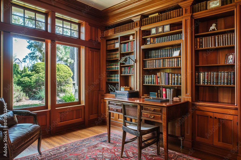 An intimate craftsman style study, with rich wooden paneling, a built ...