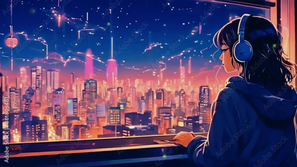 A cartoon lofi anime girl standing alone in the room with city night ...