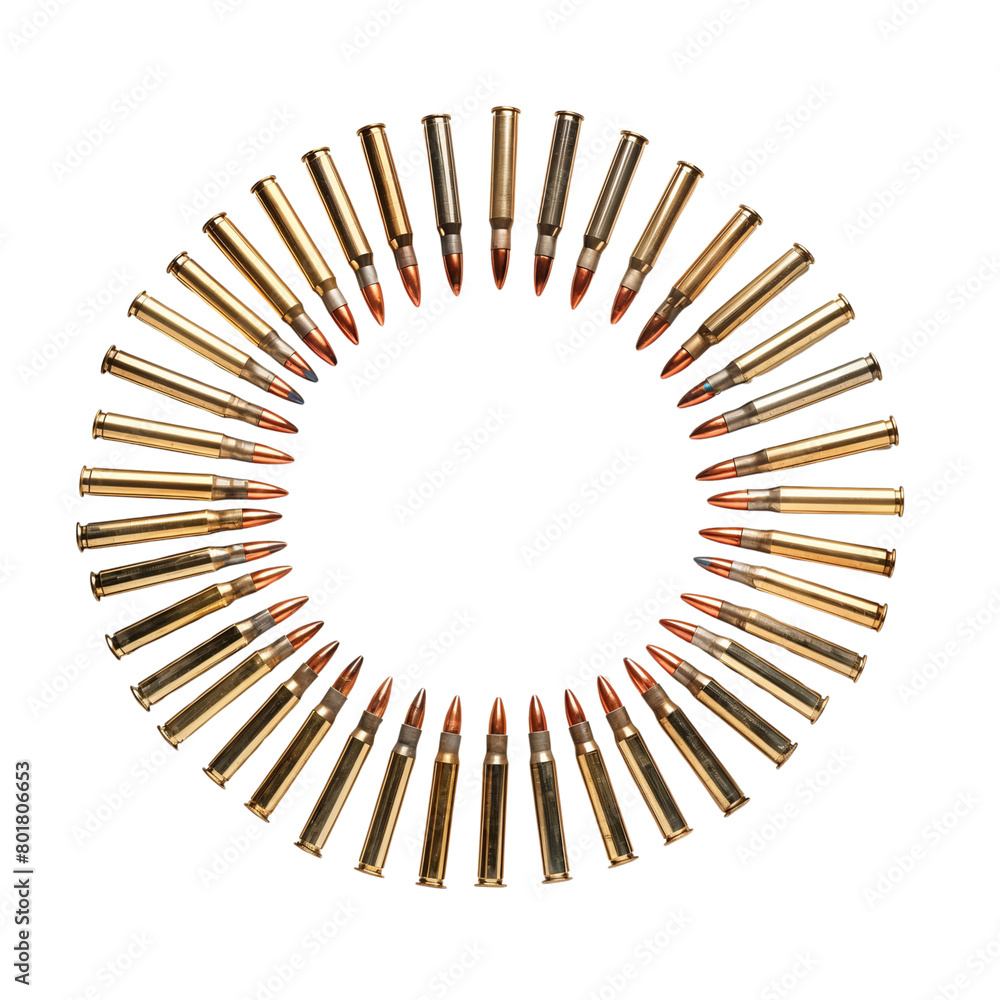 Full metal caliber bullets for a gun arranged in a circle, isolated on ...