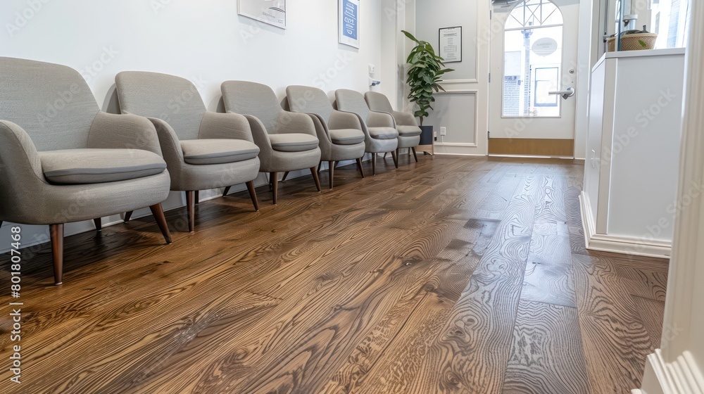 doctor's office waiting room with a white wall, some soft gray chairs ...
