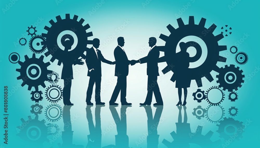 From below of team of young creative multicultural people joining gear ...