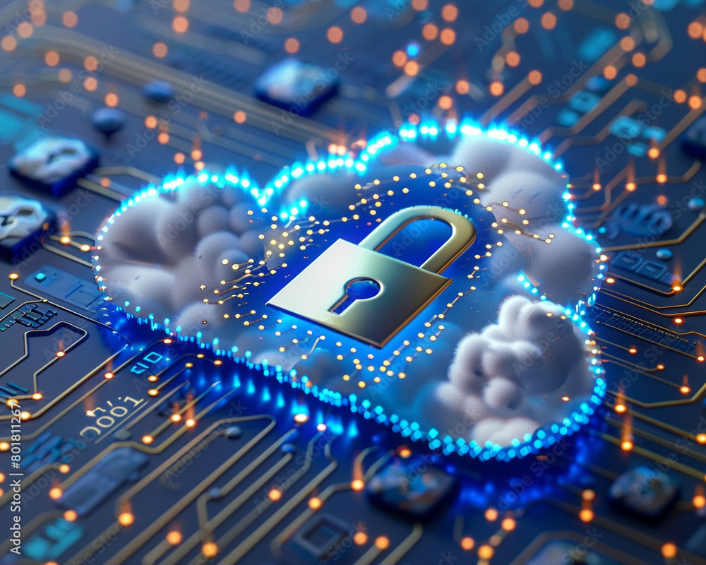 Secure Cloud Storage Concept Digital Locks And Cloud Imagery Blue And Silver Palette Stock