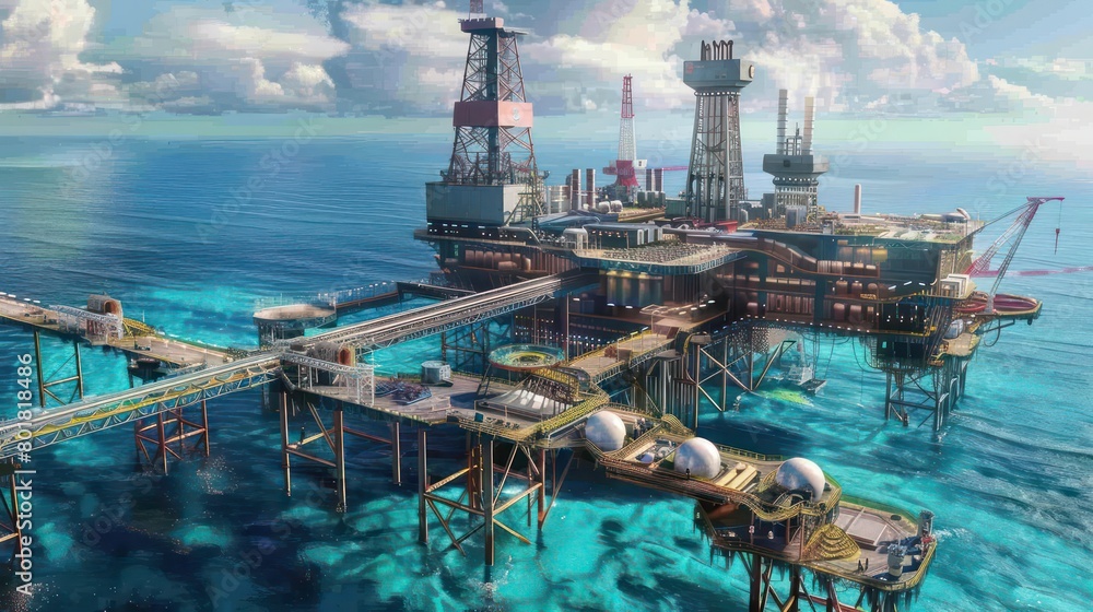 An oil rig stands resilient amidst the vast expanse of the ocean, a ...