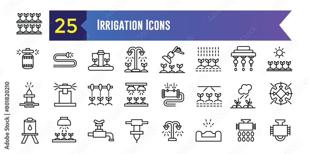 Irrigation system icons set. Outline set of irrigation system vector ...