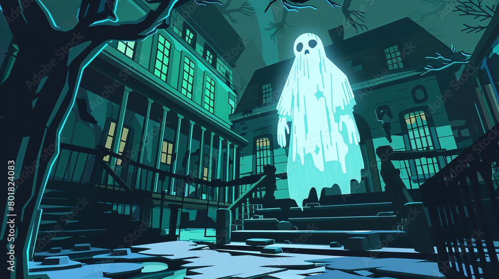 Capture the essence of fear with a pixel art depiction of a ghostly ...