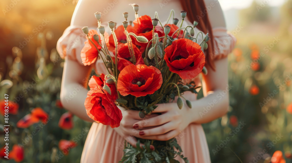 Beautiful woman hands holding a bouquet of red poppy flowers background ...