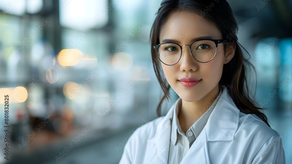 Young female scientist in lab coat and glasses in modern lab. Concept ...