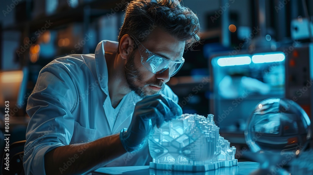 Engineer inspecting 3D printed aerospace part, focused task light, side ...