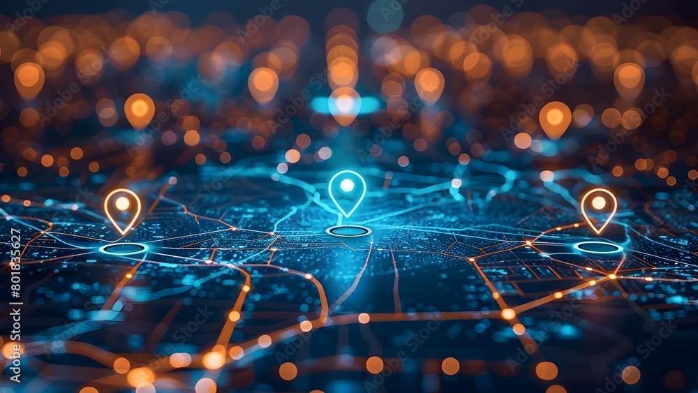 Digital map with location pins symbolizing global network connectivity and geolocation. Concept ...