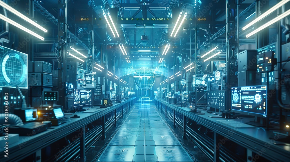 Cyber-physical system in operation, dim facility light, wide angle ...