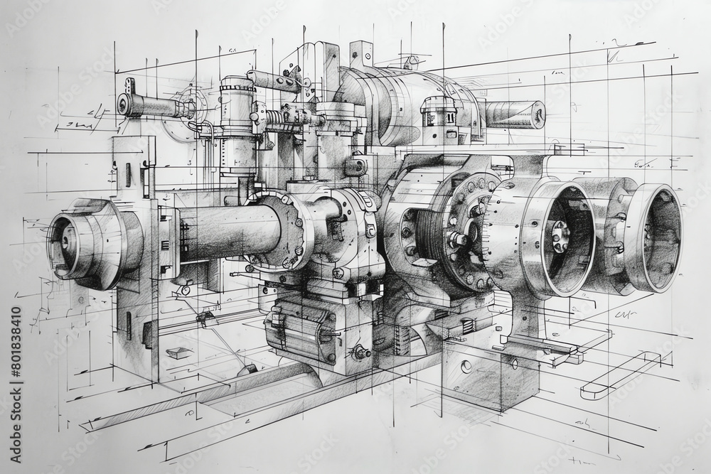 Technical drawing of a complex engine with detailed schematics and ...