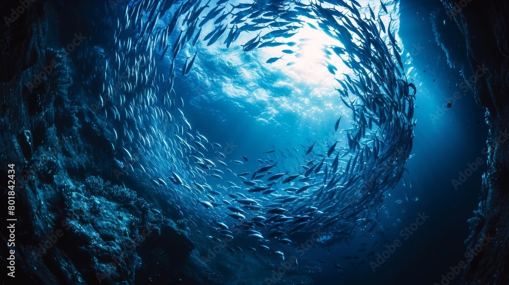 School of fish forming a circular shape in the deep blue ocean Stock ...