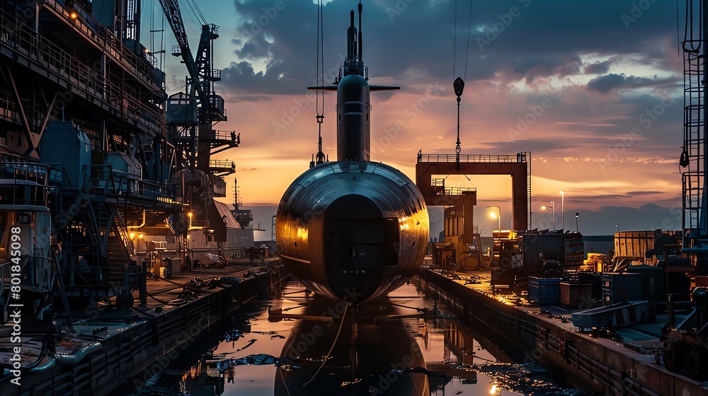 Wide shot of a submarine shipyard at dusk, with the silhouette of a ...