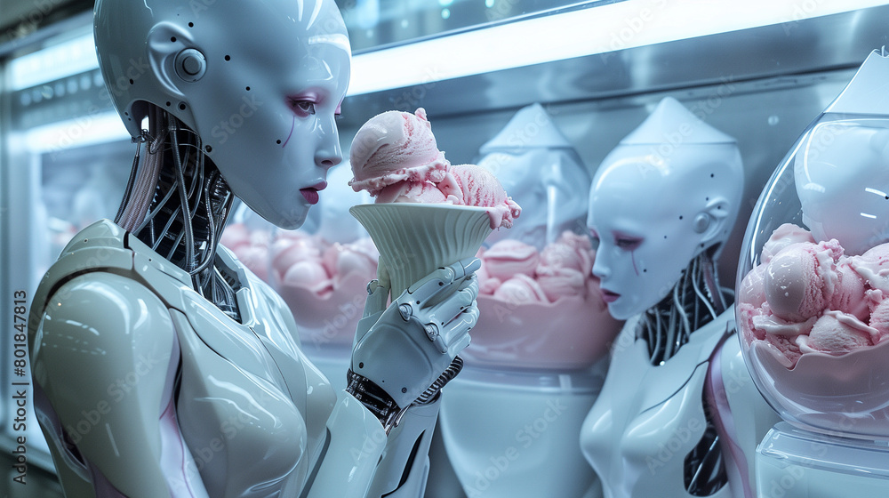 Robotic ice cream party, ice cream party, cyborg and ice cream, weird ice cream party, AI ice ...