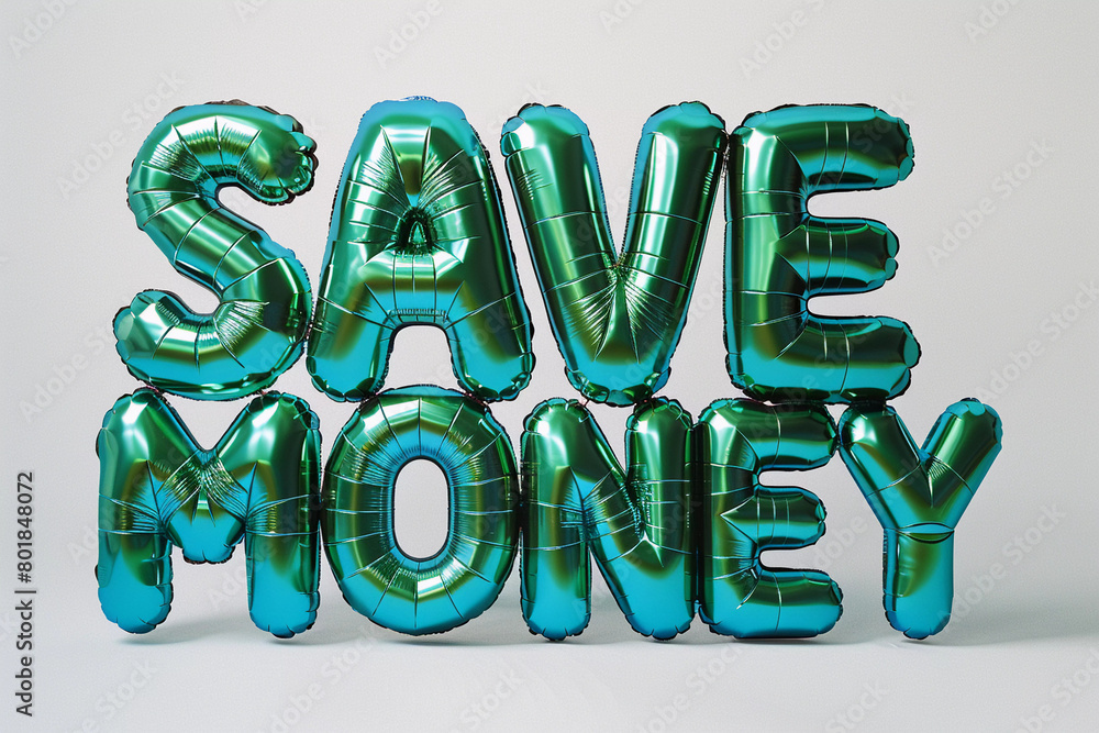 Word 'save money' made of green inflatable balloons isolated on white ...