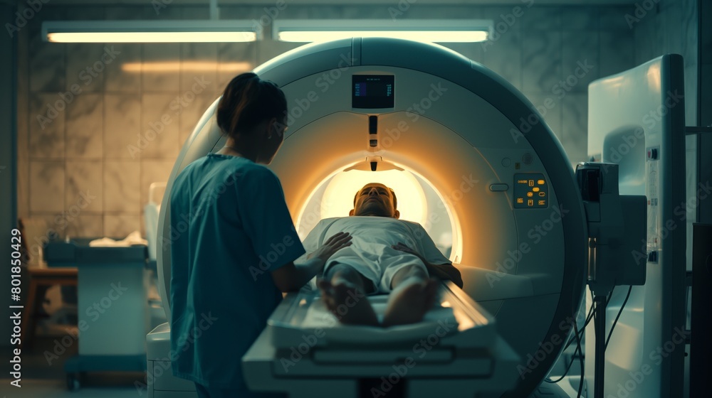 Nurse comfort patient lay on bed for MRI scan medical imaging technique ...