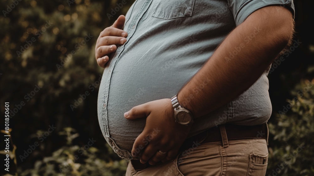 Male big belly close up shot big size man in shirt and denim in lush ...