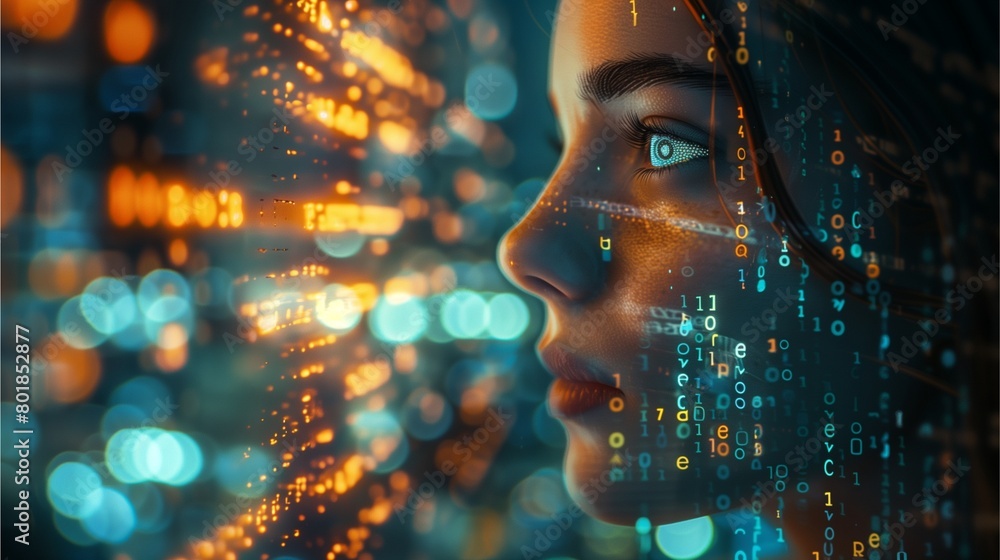 Closeup of the female AI avatar's face. Her eyes glow with intelligence ...