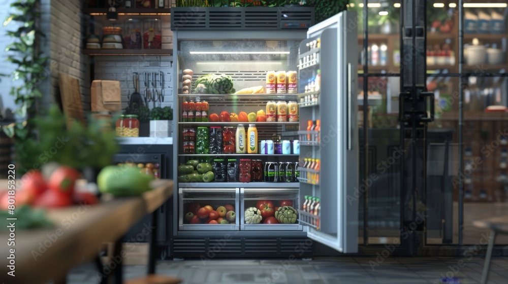 Realistic indoor scene of a well-organized open refrigerator fully ...