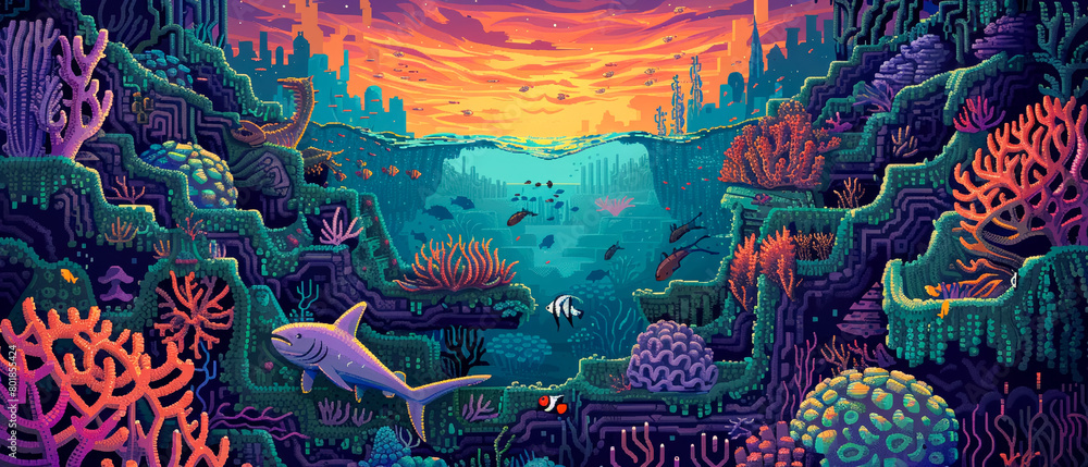 Pixel art coral maze with lurking assassin tropical fish palette Stock ...