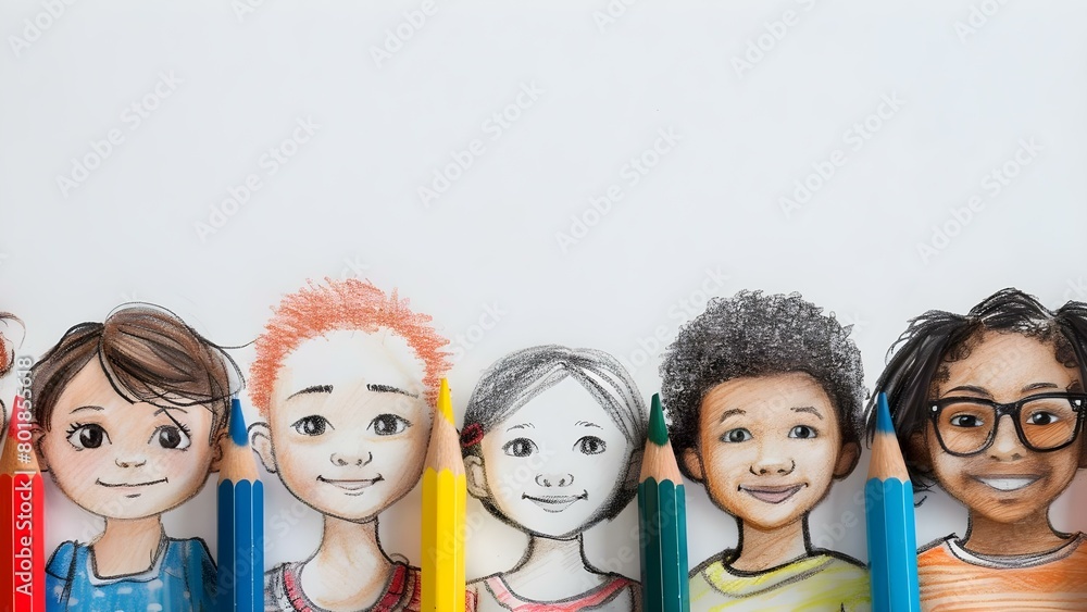 Diverse childrens pencil drawing representing multiethnicity on white ...