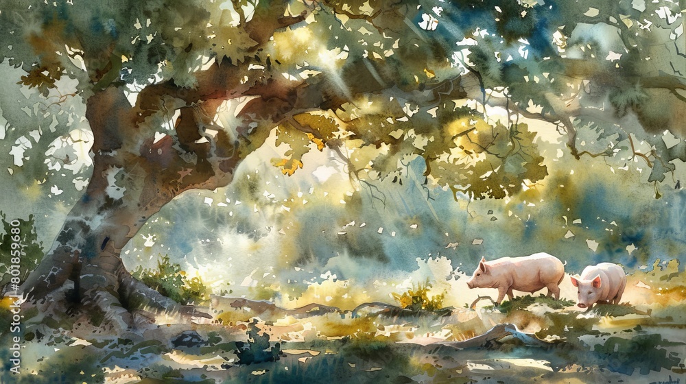 Artistic watercolor showing three pigs under a sprawling oak tree ...