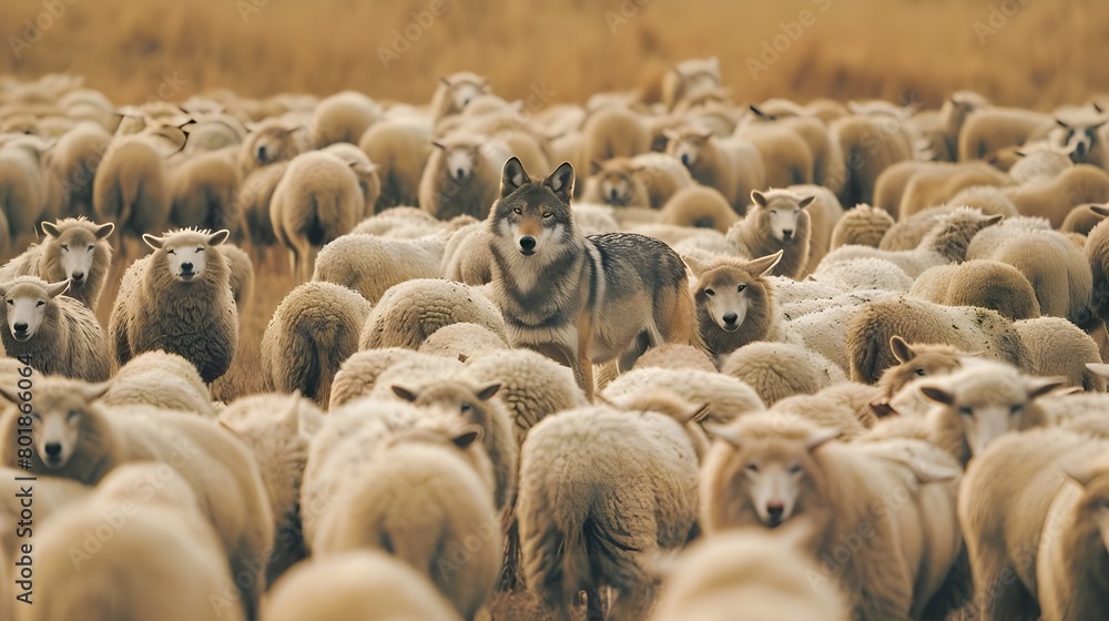 A wolf hiding among a flock of sheep, leading the way or waiting for the right moment to act ...