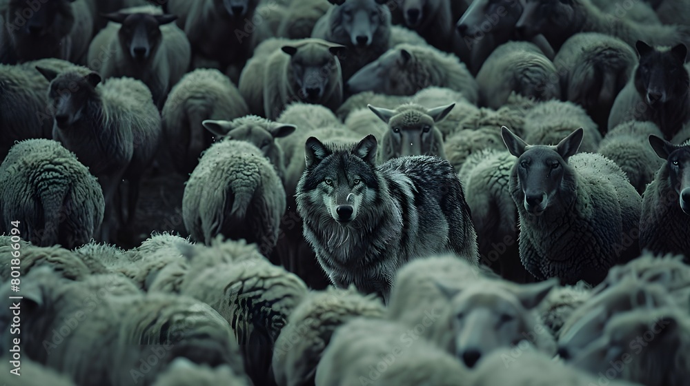A wolf hiding among a flock of sheep, leading the way or waiting for the right moment to act ...