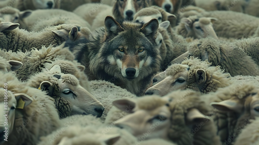 A wolf hiding among a flock of sheep, leading the way or waiting for the right moment to act ...