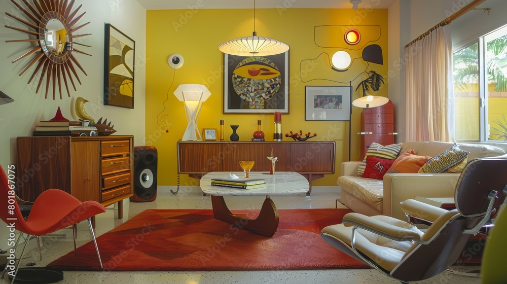 Modern and youthful room design in the mid-century modern style, clean ...