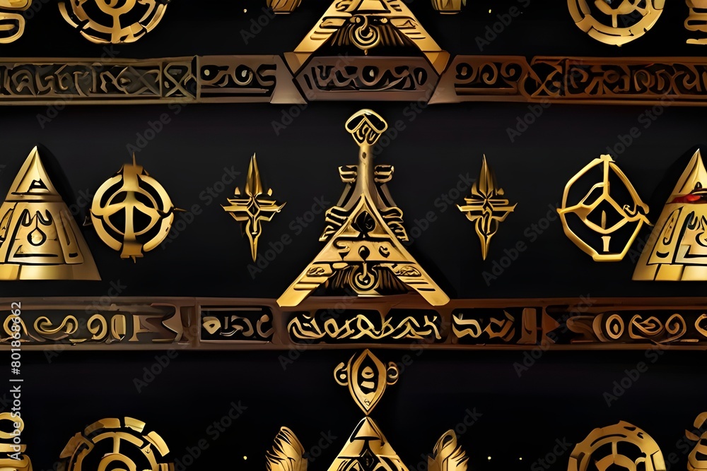 Golden Viking symbols: vegvisir, valknut, raven, sword and runes on ...