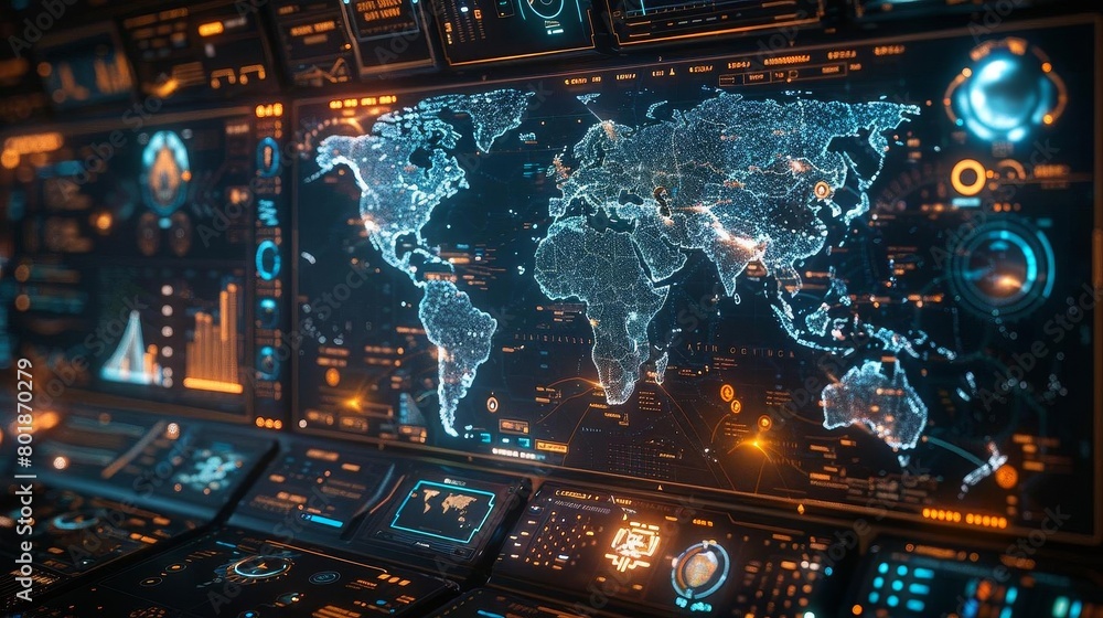 Global network operations center with a world map displaying real-time ...