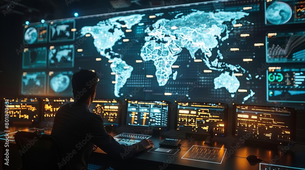 Global network operations center with a world map displaying real-time ...