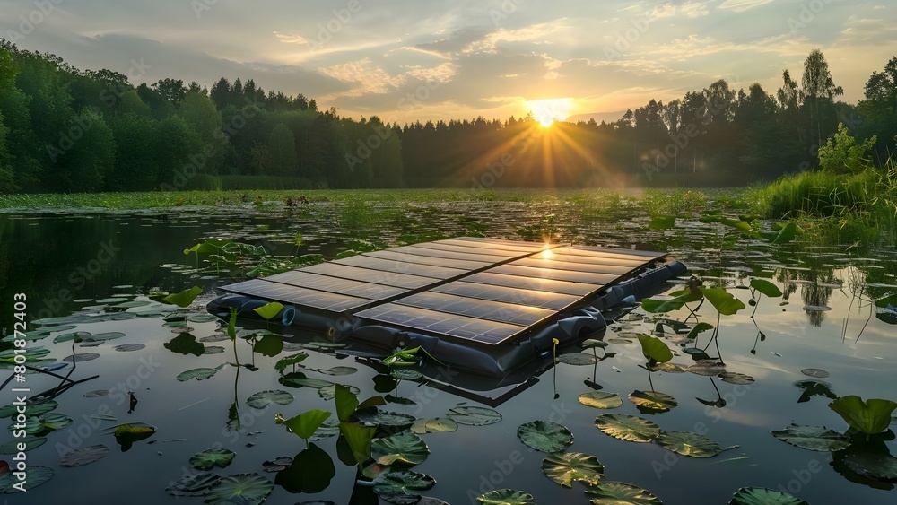 Harnessing Solar Energy in Aquaculture Ponds: Creative Banner Featuring a Floating Solar Panel ...