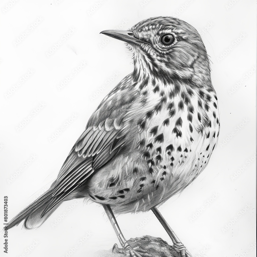 Song Thrush Pencil Sketch Hand Drawn Black and White Depiction of ...