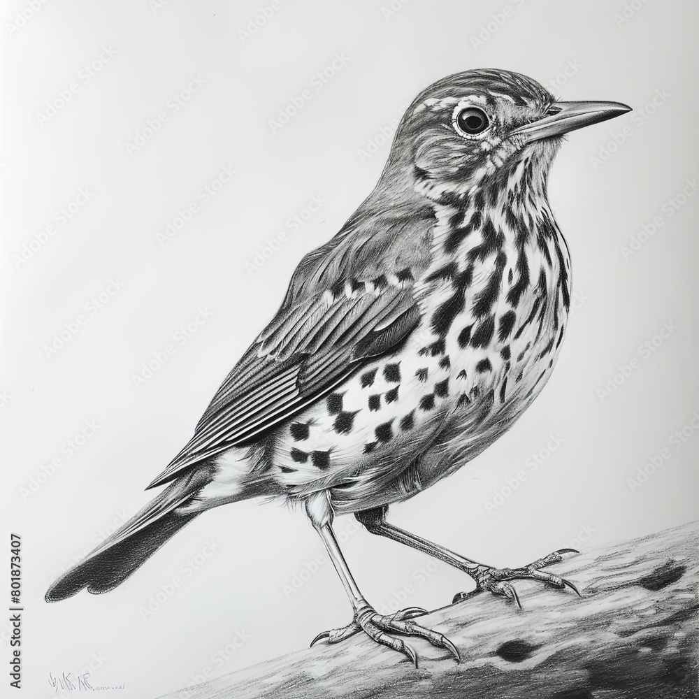 Song Thrush Pencil Sketch Hand Drawn Black and White Depiction of ...