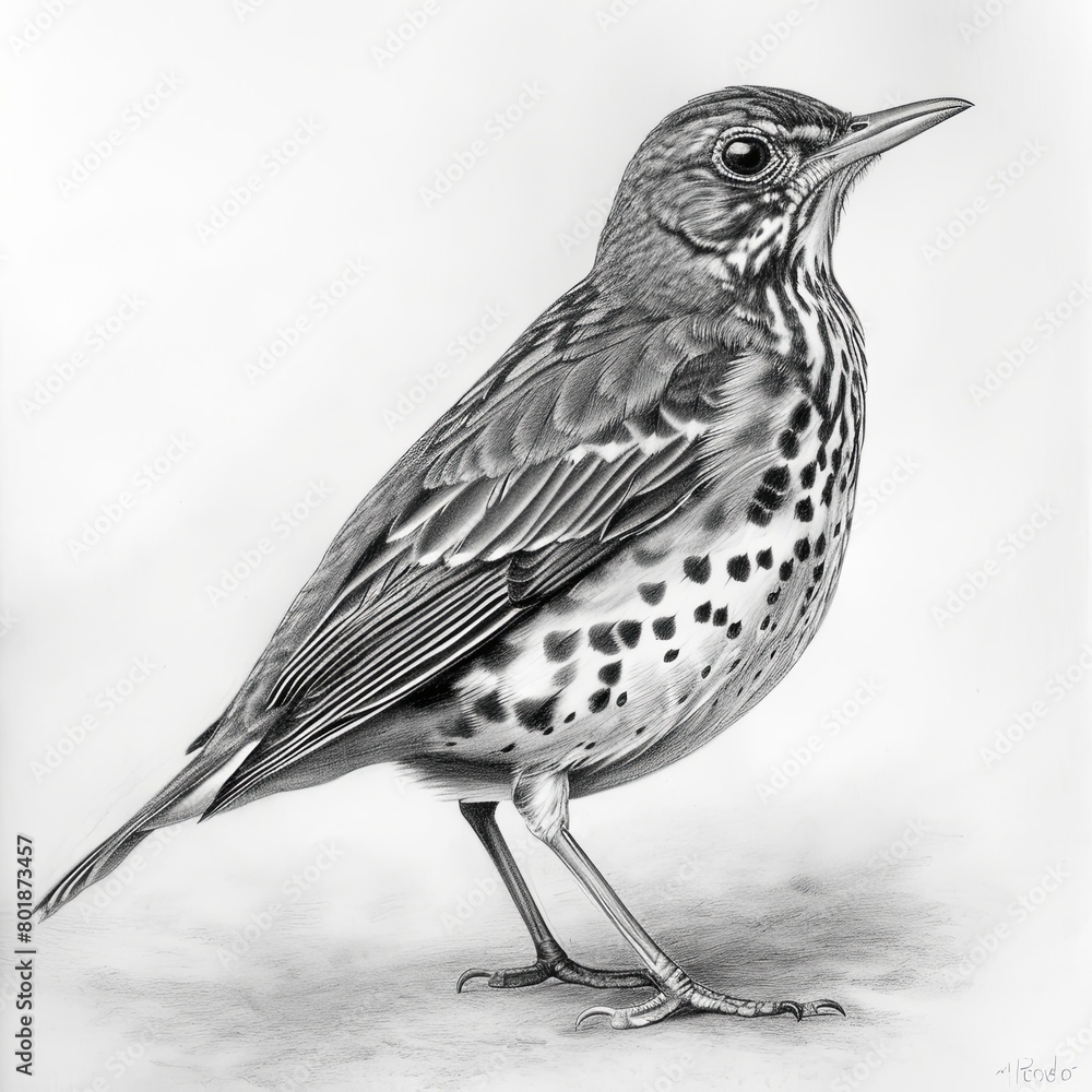 Song Thrush Pencil Sketch Hand Drawn Black and White Depiction of ...