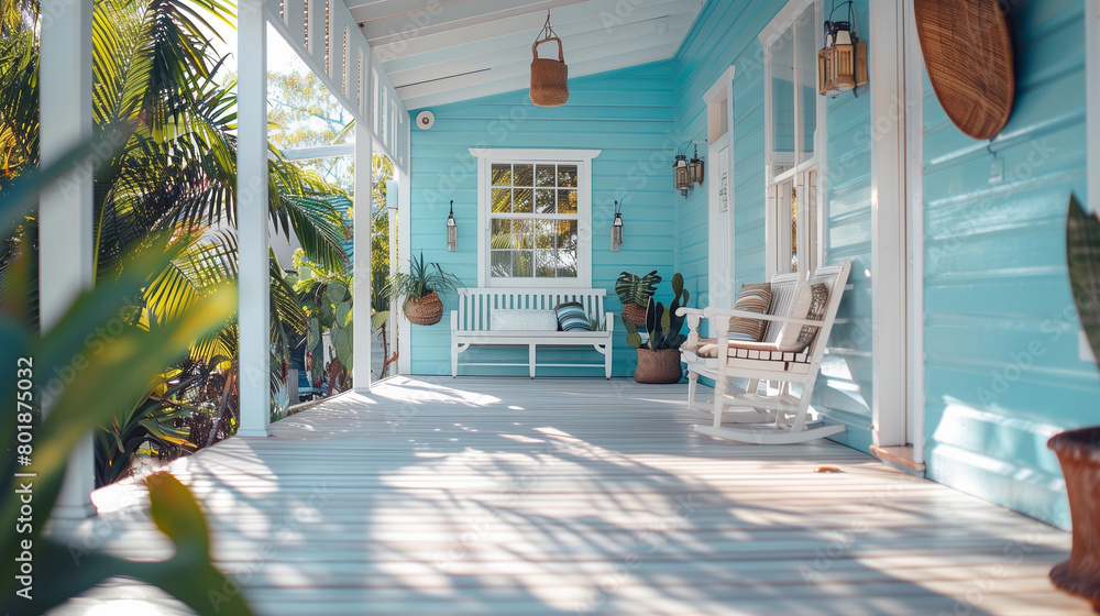 Modern retro beach hut coastal veranda porch back door entrance sofa ...