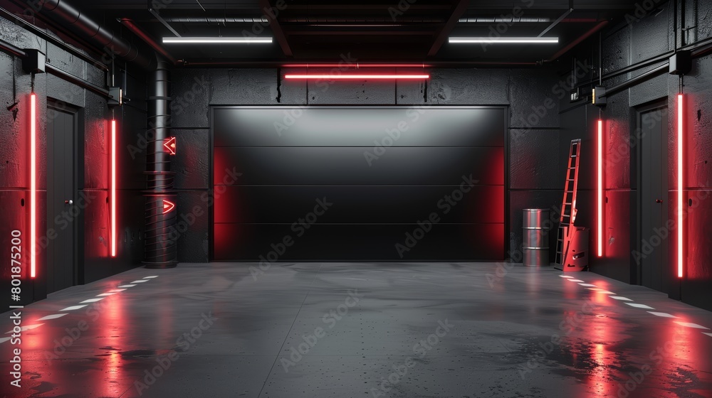 Digital rendering of an empty black garage with an ambient glow from ...
