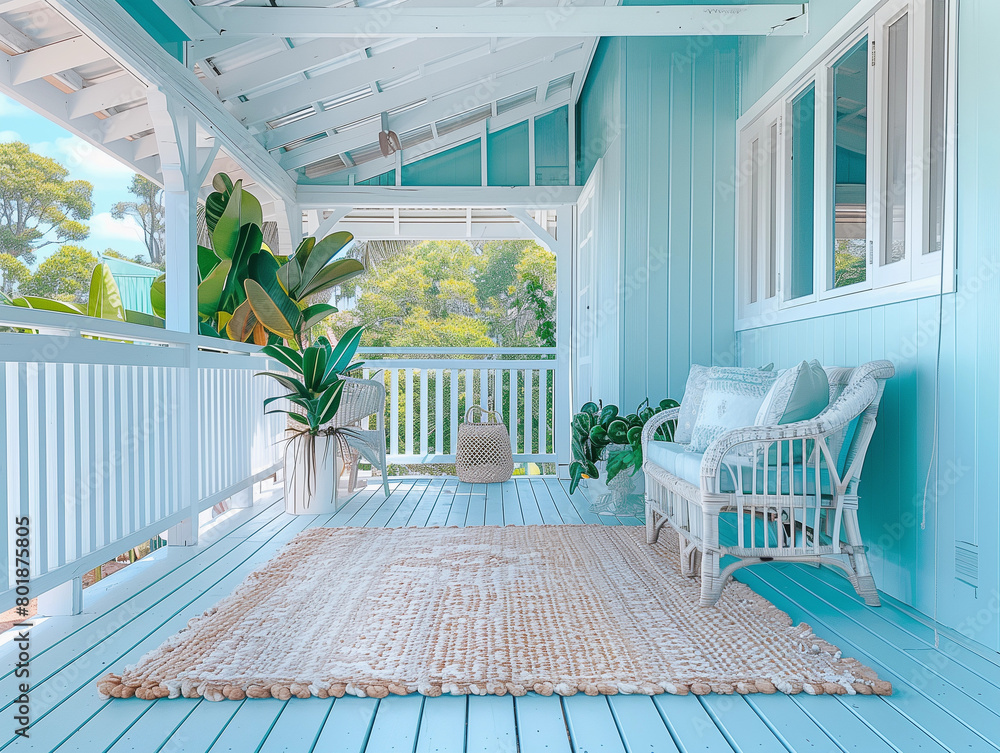 Modern retro beach hut coastal veranda porch sofa lounge rug pastel ...