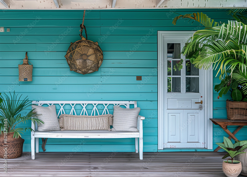 Modern retro beach hut coastal veranda porch back door entrance sofa ...