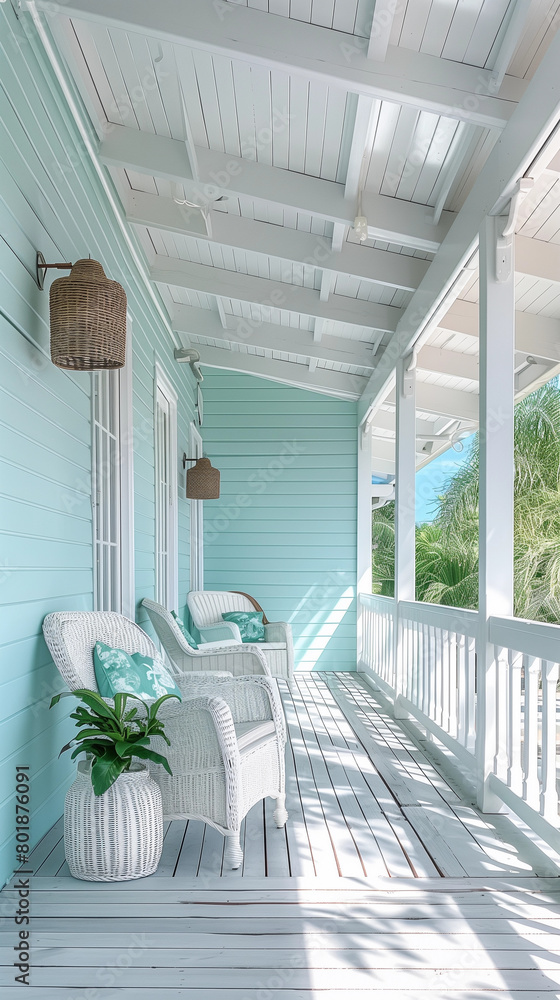 Modern retro beach hut coastal veranda porch cane chairs pastel white ...