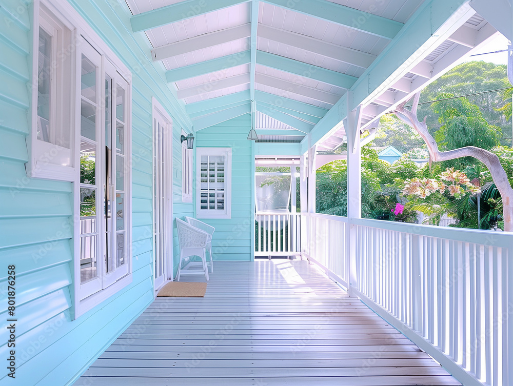 Bright retro beach hut coastal veranda porch pastel aqua mint green ...