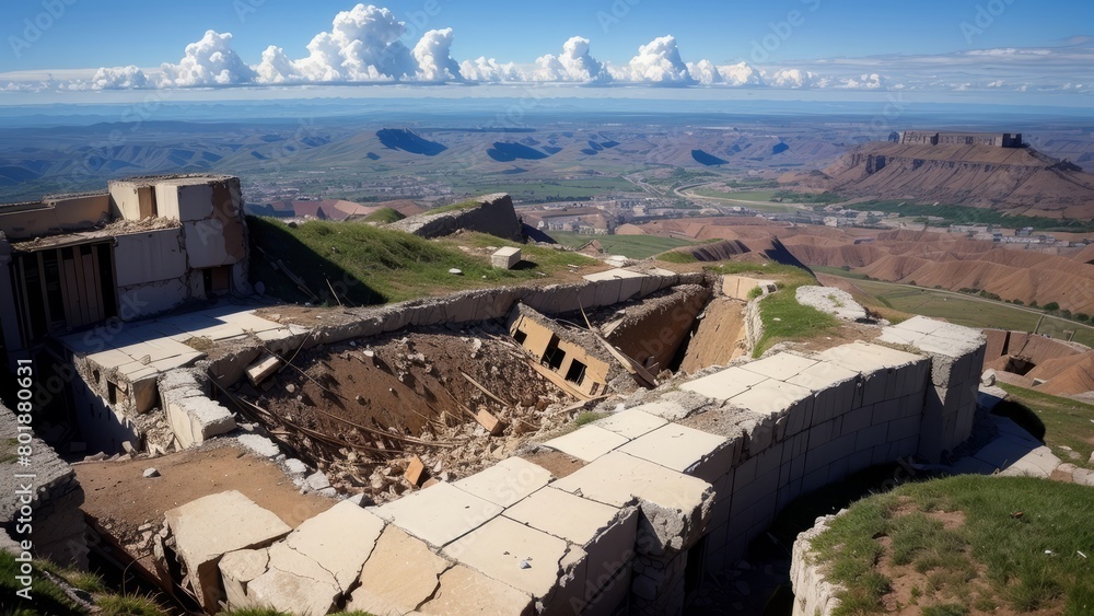 An earthquake that splits the earth's surface and destroys cities and ...