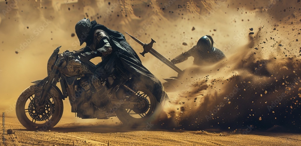 A gladiator riding a motorcycle and dressed entirely in black iron ...