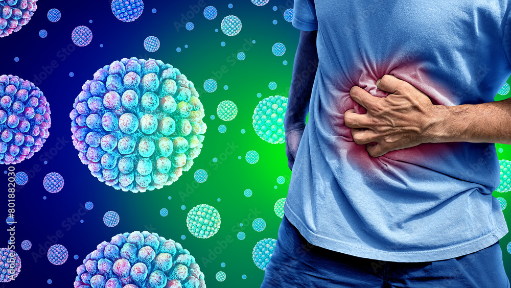 Norovirus Stomach Pain as a person suffering with abdominal pain and cramps due to a contagious ...